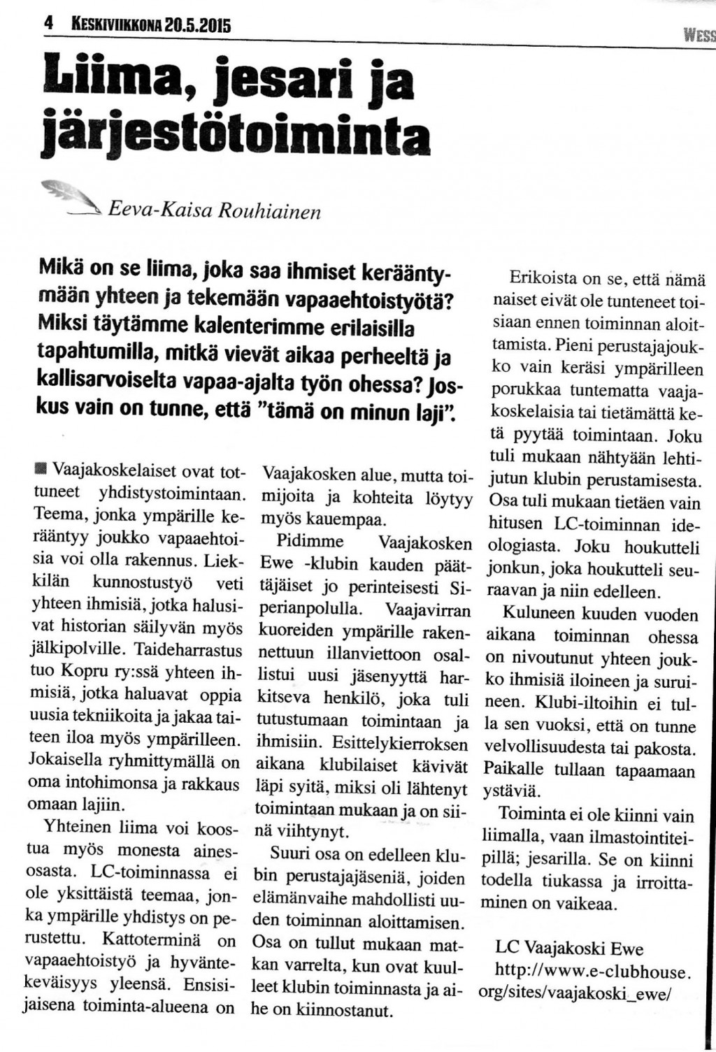 Liima, jesari ja järjestötoiminta – Eeva-Kaisa Rouhiainen